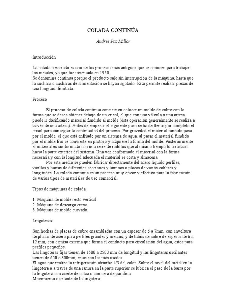 Proceso de Colada Continua de Acero | PDF | Acero | Cobre