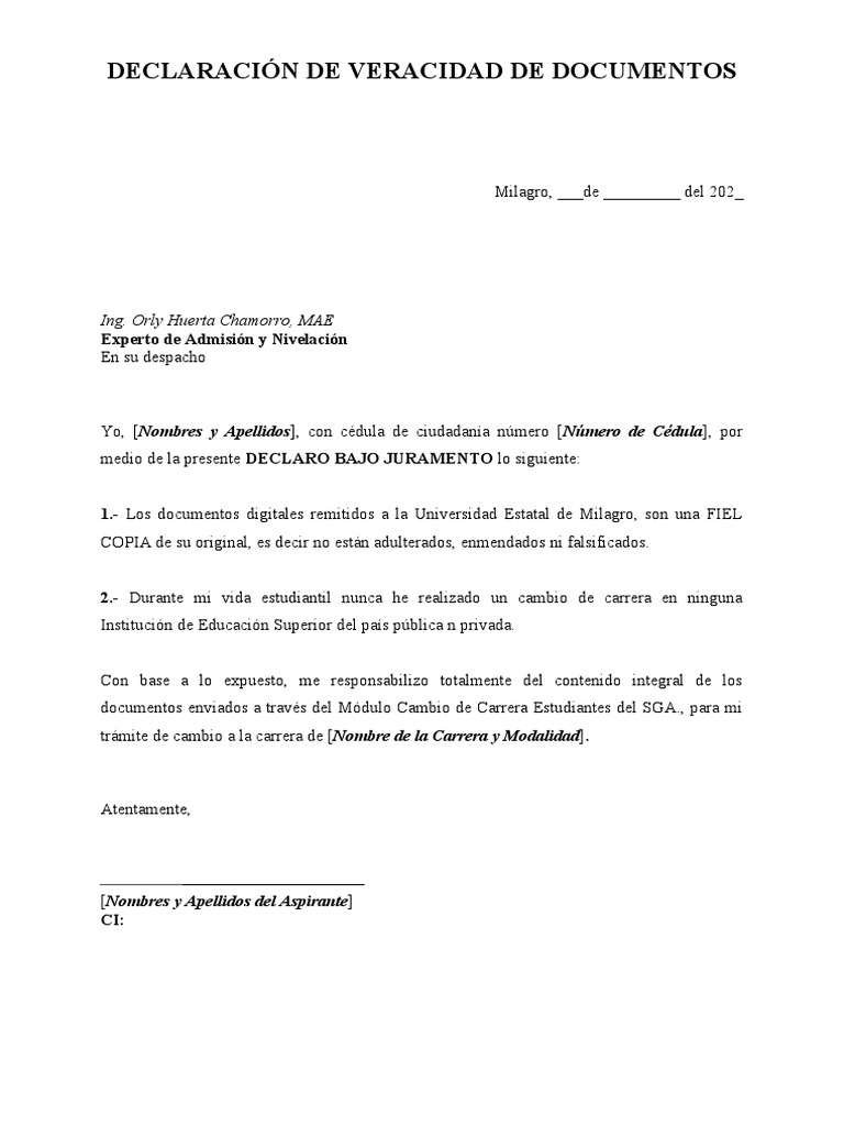 Declaración de Veracidad de Documentos | PDF