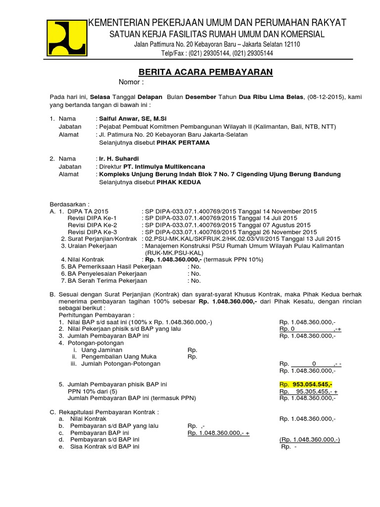 Berita Acara Pembayaran Konstruksi | PDF | Bisnis | Pengelolaan ...