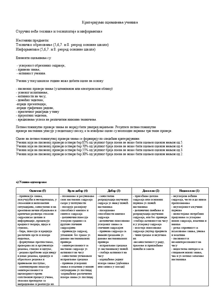 Kriterijumi Ocenjivanja | PDF
