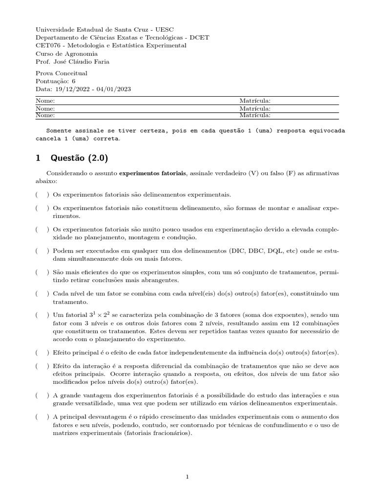 Prova Teórica de Estatística Experimental | PDF | Science