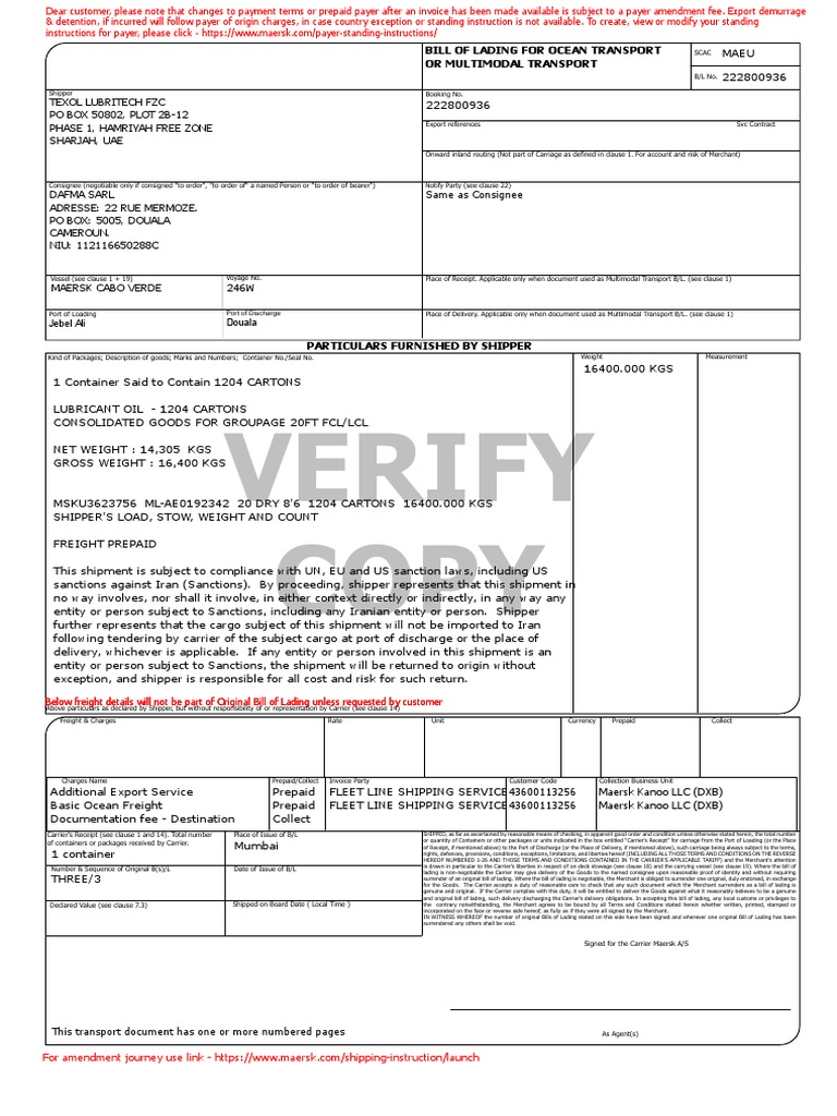 Bill of Lading: Shipping Terms & Fees | PDF