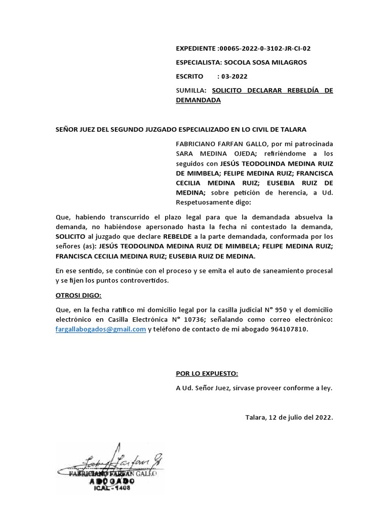 Escrito Tres - Declarar Rebeldia | PDF