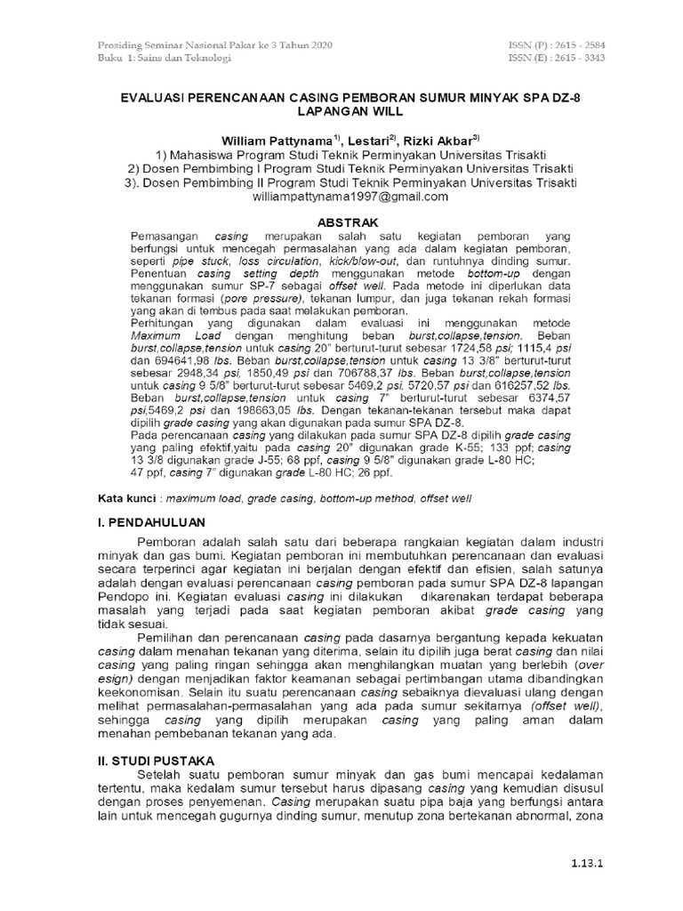 EVALUASI PERENCANAAN CASING PEMBORAN SUMUR MINYAK SPA DZ-8 LAPANGAN ...
