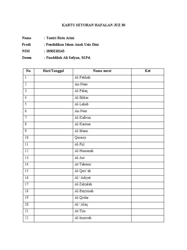 KARTU SETORAN HAFALAN JUZ 30 Tantrii | PDF