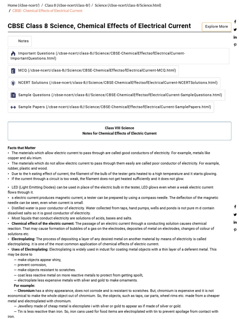 CBSE Class 8 Science, Chemical Effects of Electrical Current | PDF ...
