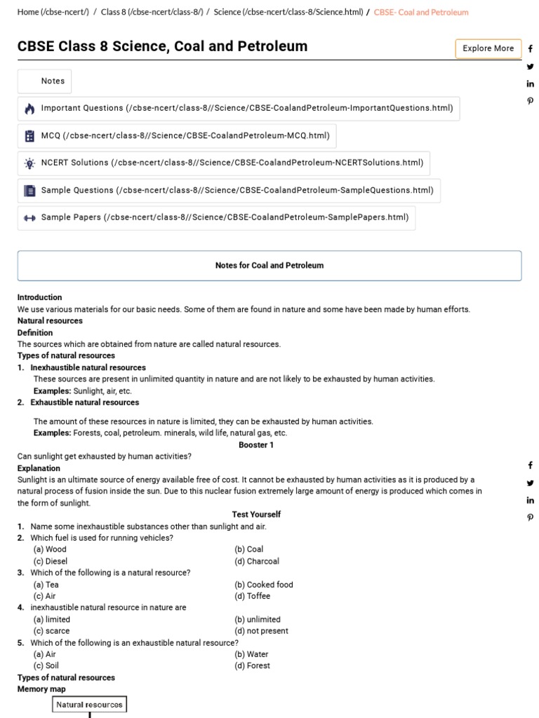 CBSE 8 Science CBSE - Coal and Petroleum, Free Test Papers, Sample ...