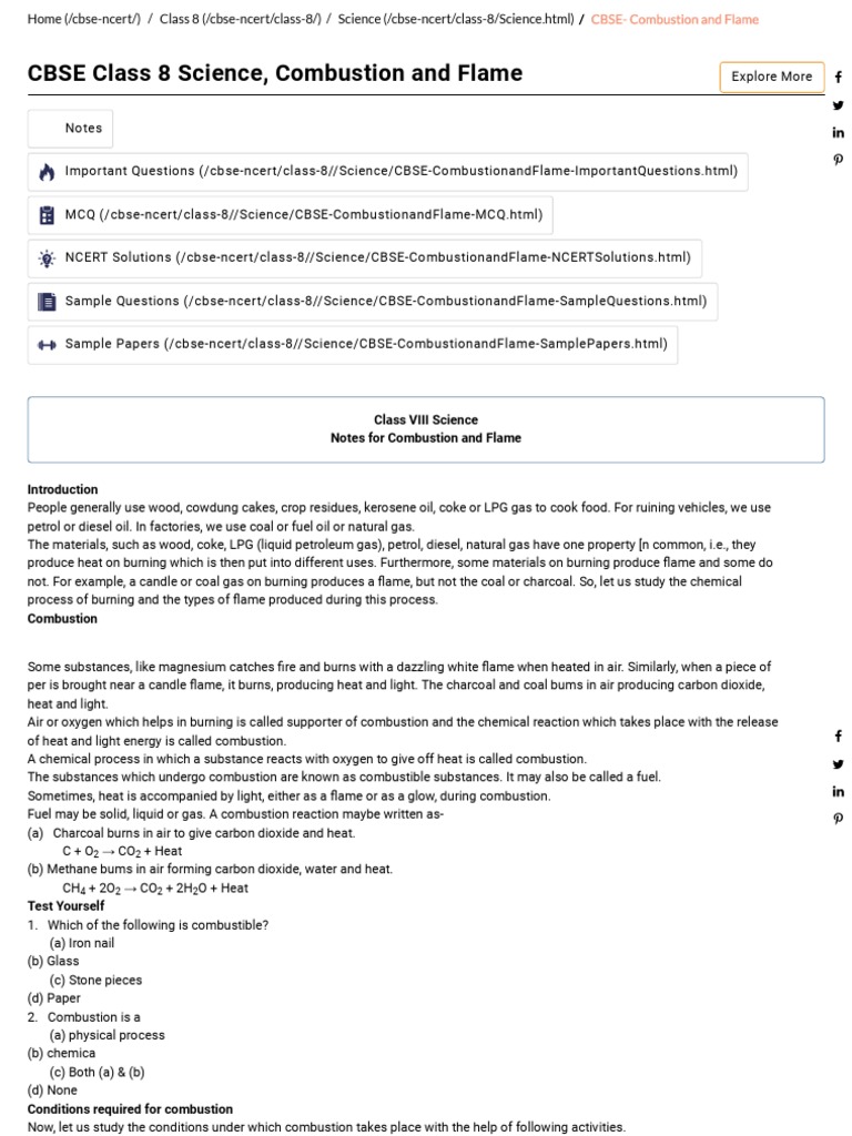 CBSE 8 Science CBSE - Combustion and Flame, Free Test Papers, Sample ...