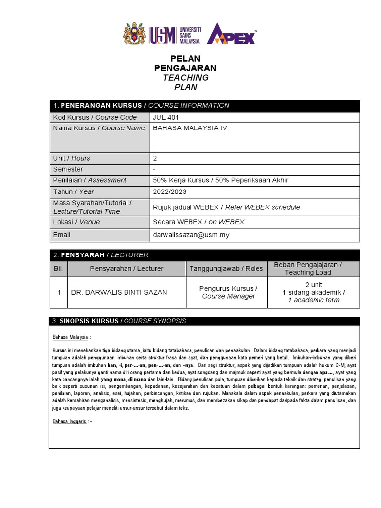 Pelan Pengajaran Jul 401 20222023 | PDF