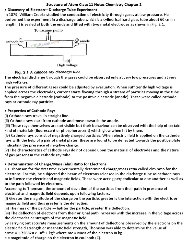 Structure of Atom Class 11 Notes Chemistry Chapter 2 | PDF | Atomic ...