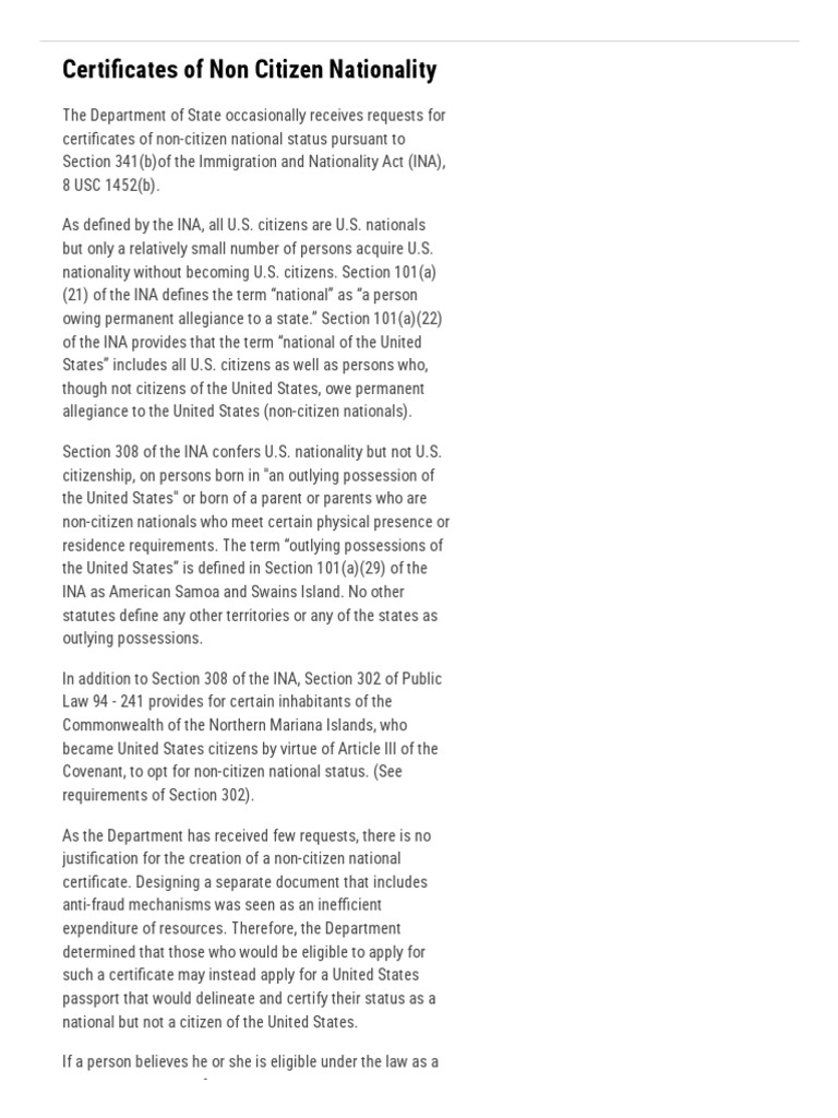 Non-Citizen National Status Certificates | PDF | United States ...