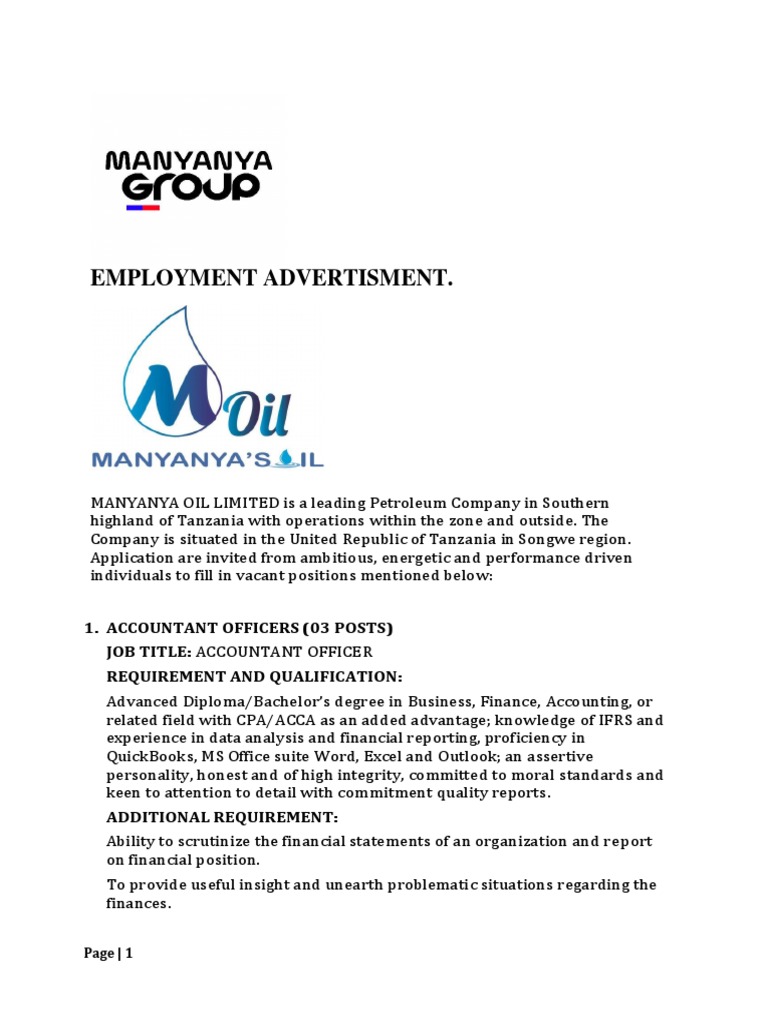 Employment Advertisment Manyanya Oil Limited 2022 | PDF | Human ...