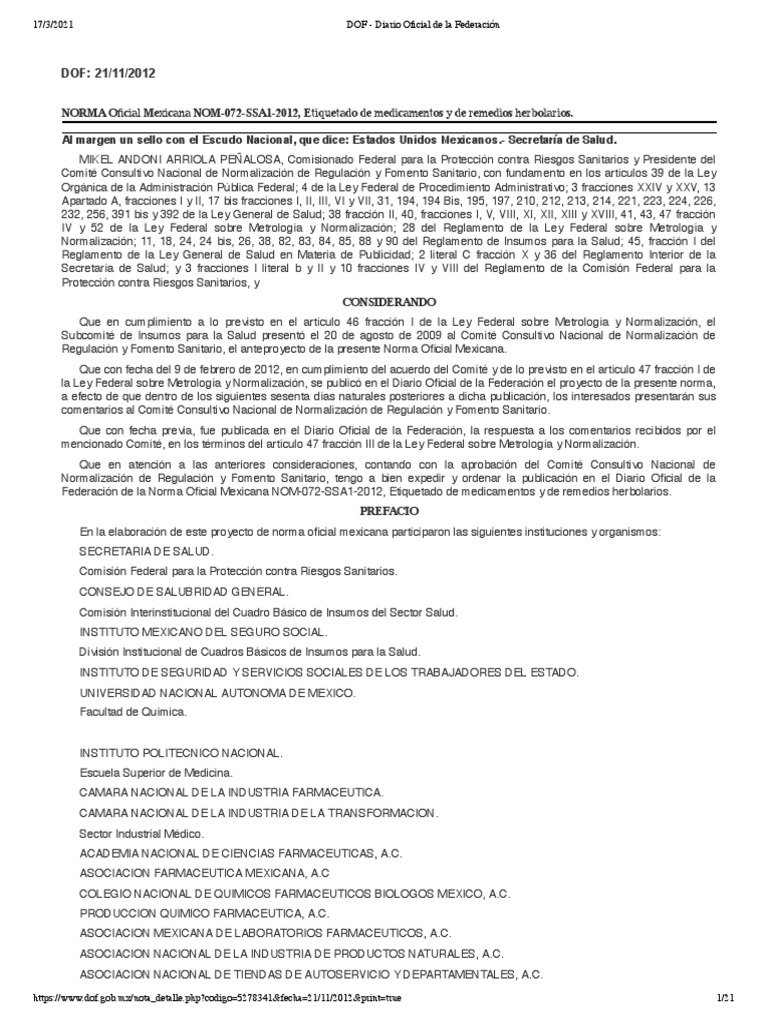 NOM-072-SSA1-2012 | PDF | Medicamentos con receta | Farmacia