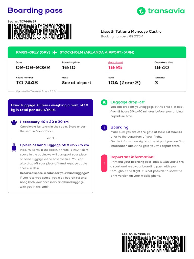 Transavia Boardingpass ORYARN - TO7448 | PDF | Baggage | Aviation
