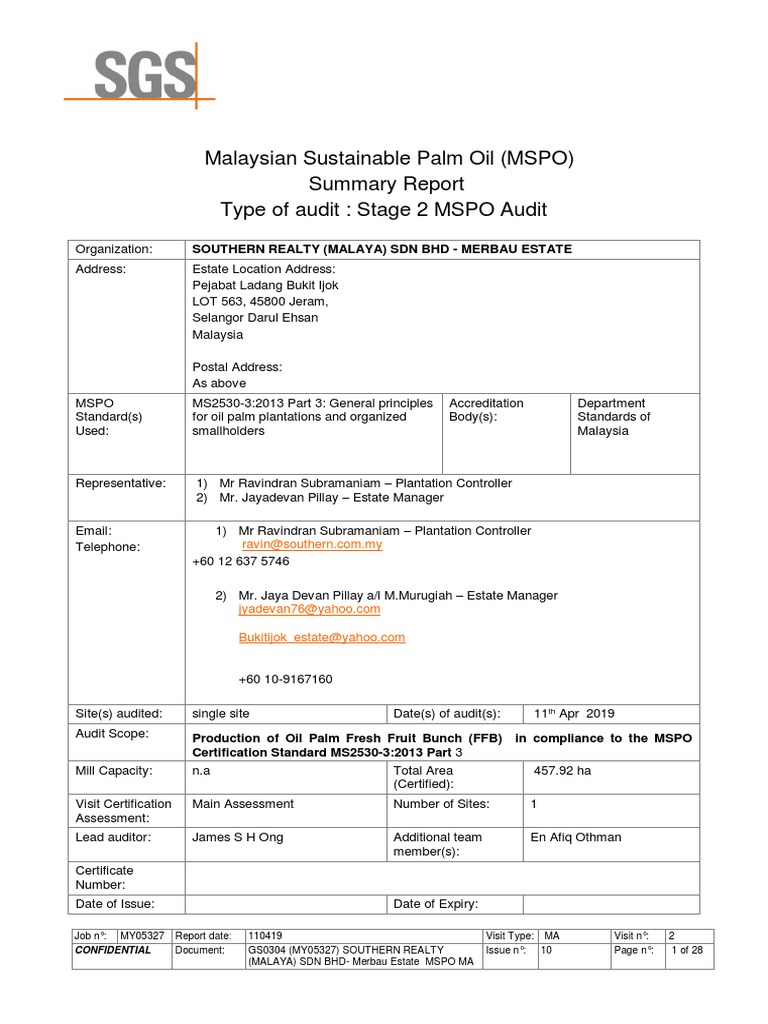 SGS MSPO Southern Realty Malaya SDN BHD Merbau Estate Audit Summary Report EN | PDF | Audit ...