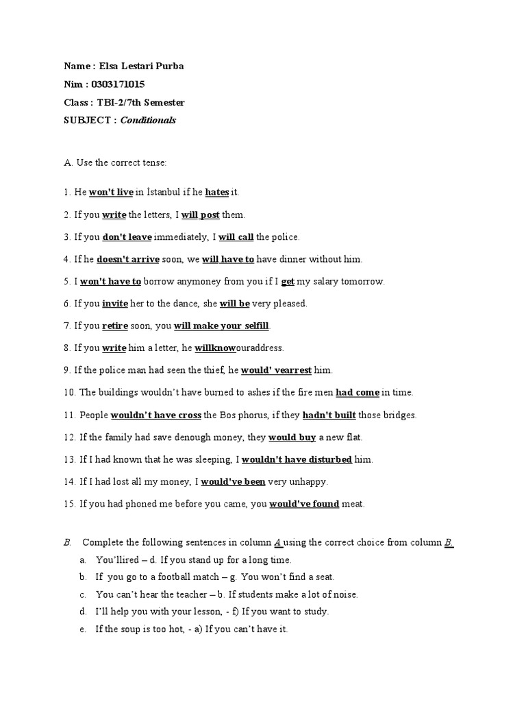 B. Complete The Following Sentences in Column A Using The Correct ...