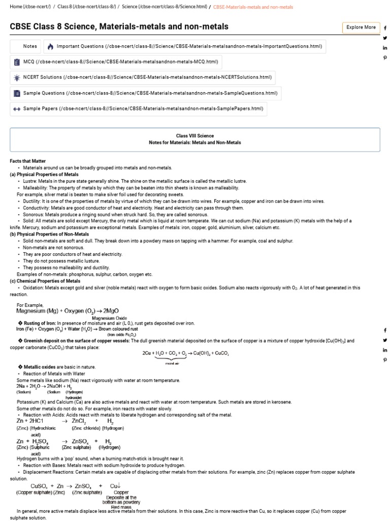 Class VIII Science Notes For Materials: Metals and Non-Metals | PDF ...