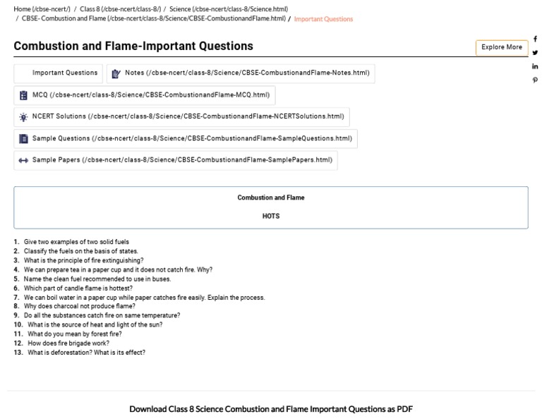 CBSE 8, Science, CBSE - Combustion and Flame, Important Questions | PDF