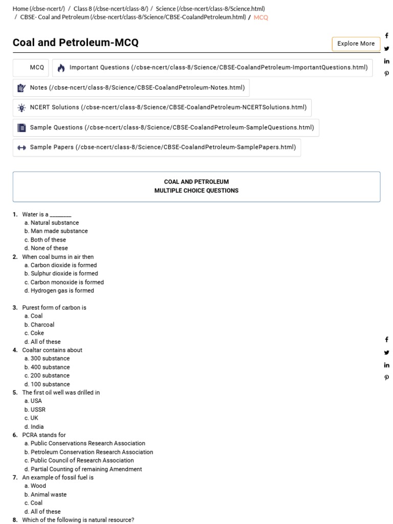 CBSE 8, Science, CBSE - Coal and Petroleum, MCQ | Download Free PDF | Coal | Petroleum
