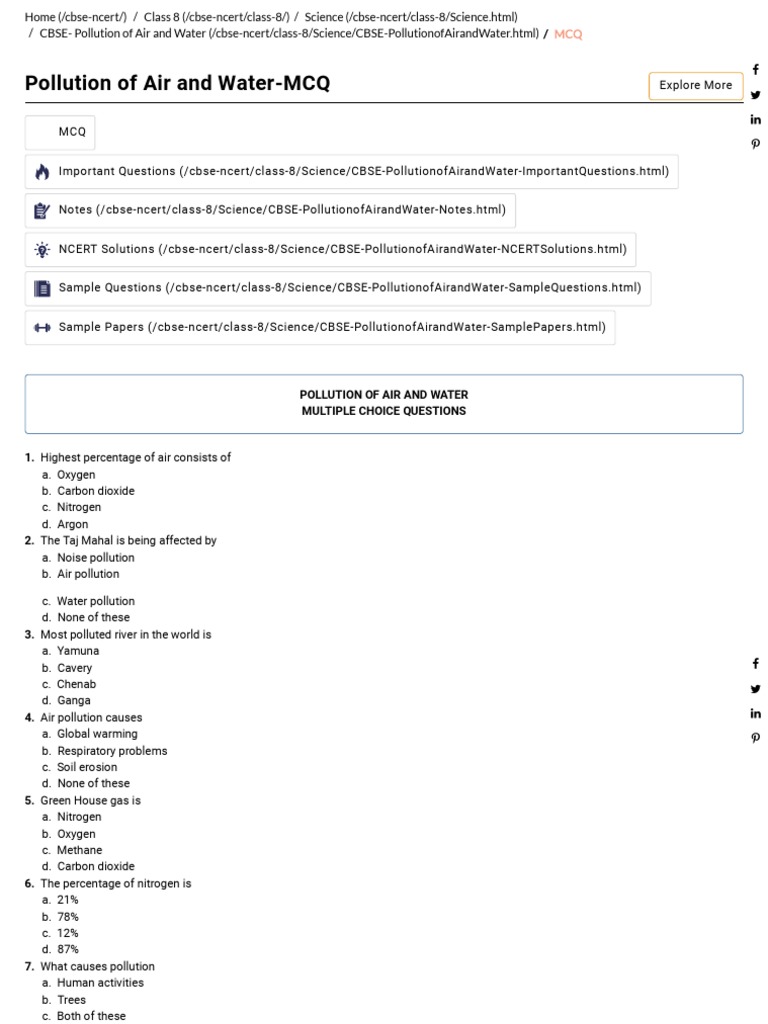 CBSE 8, Science, CBSE - Pollution of Air and Water, MCQ | PDF | Air Pollution | Water Pollution