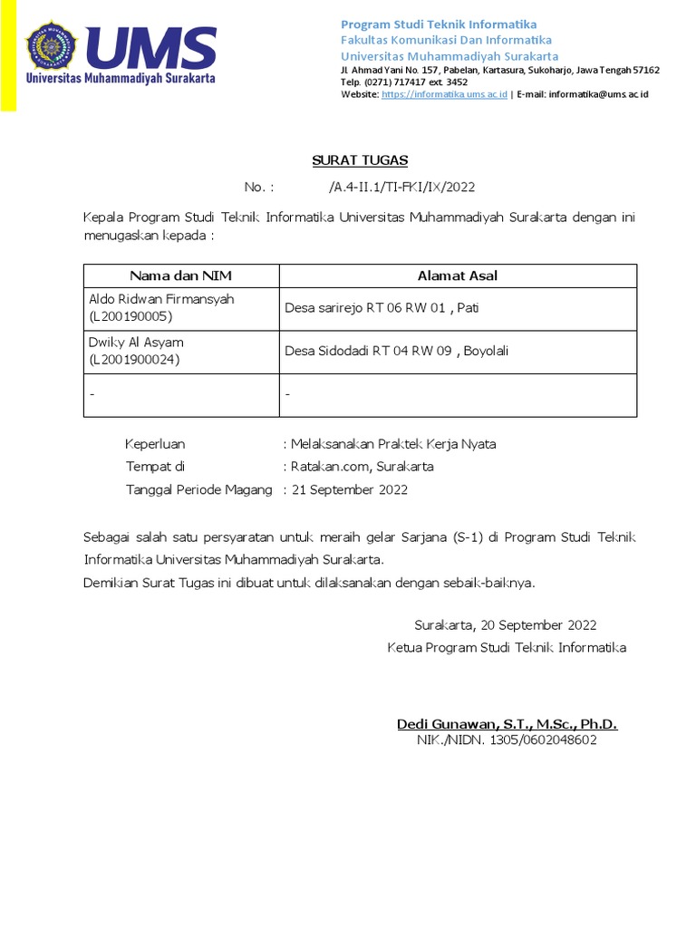 Surat Tugas Magang Teknik Informatika UMS | PDF | Komputer