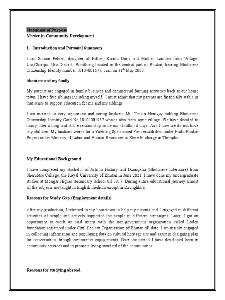 Statement of Purpose Master in Community Development 1. Introduction and Personal Summary | PDF ...