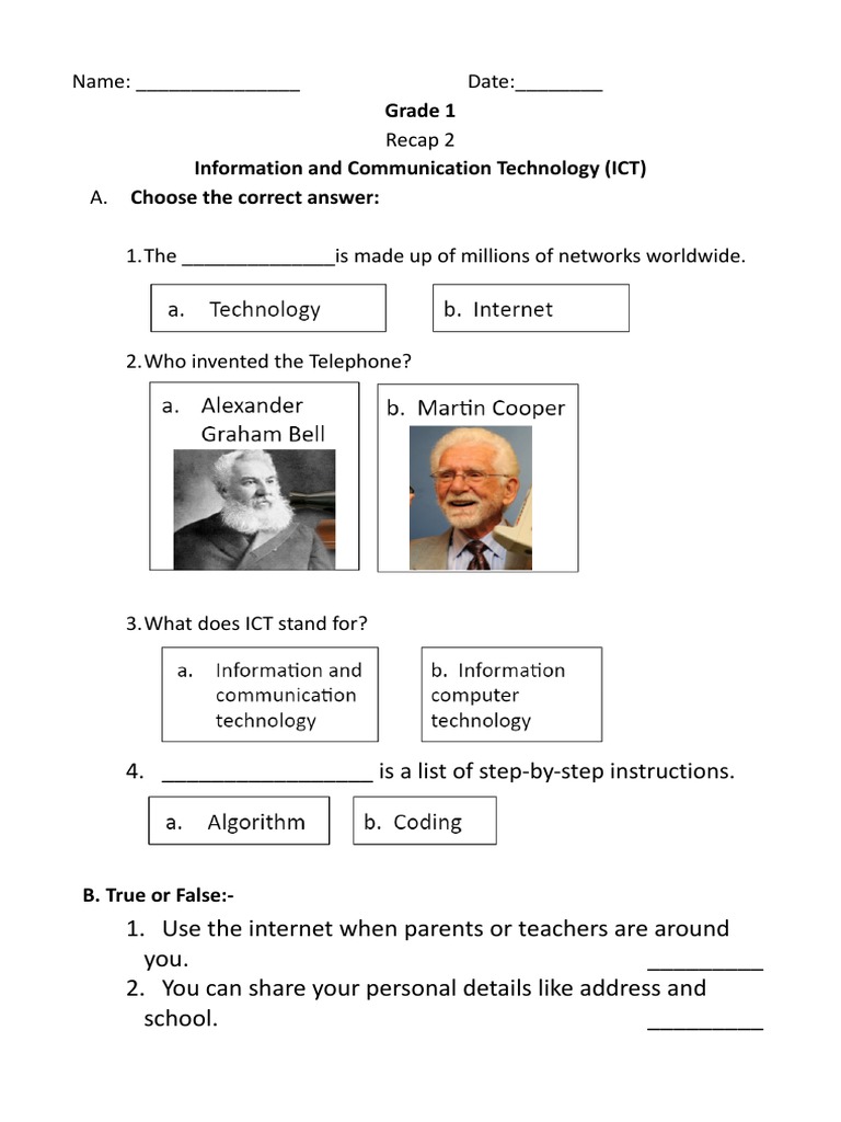 Grade 1 ICT Worksheet and Quiz | PDF