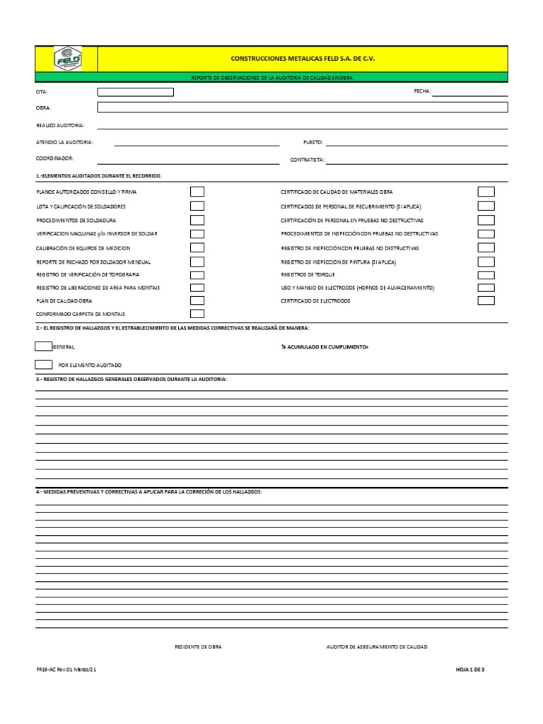Check List de Auditoria de Obra | PDF | Soldadura | Construcción Check List de Auditoria de Obra | PDF | Soldadura | Construcción