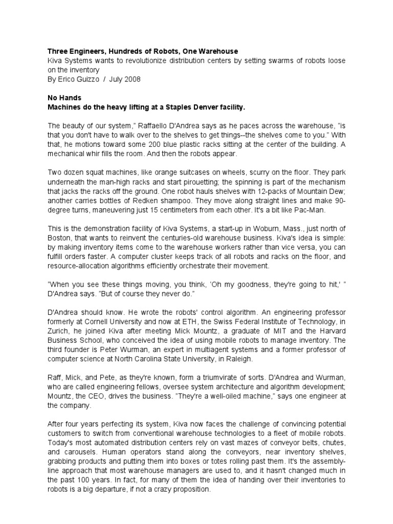 Kiva Systems | PDF | Robot | Robotics