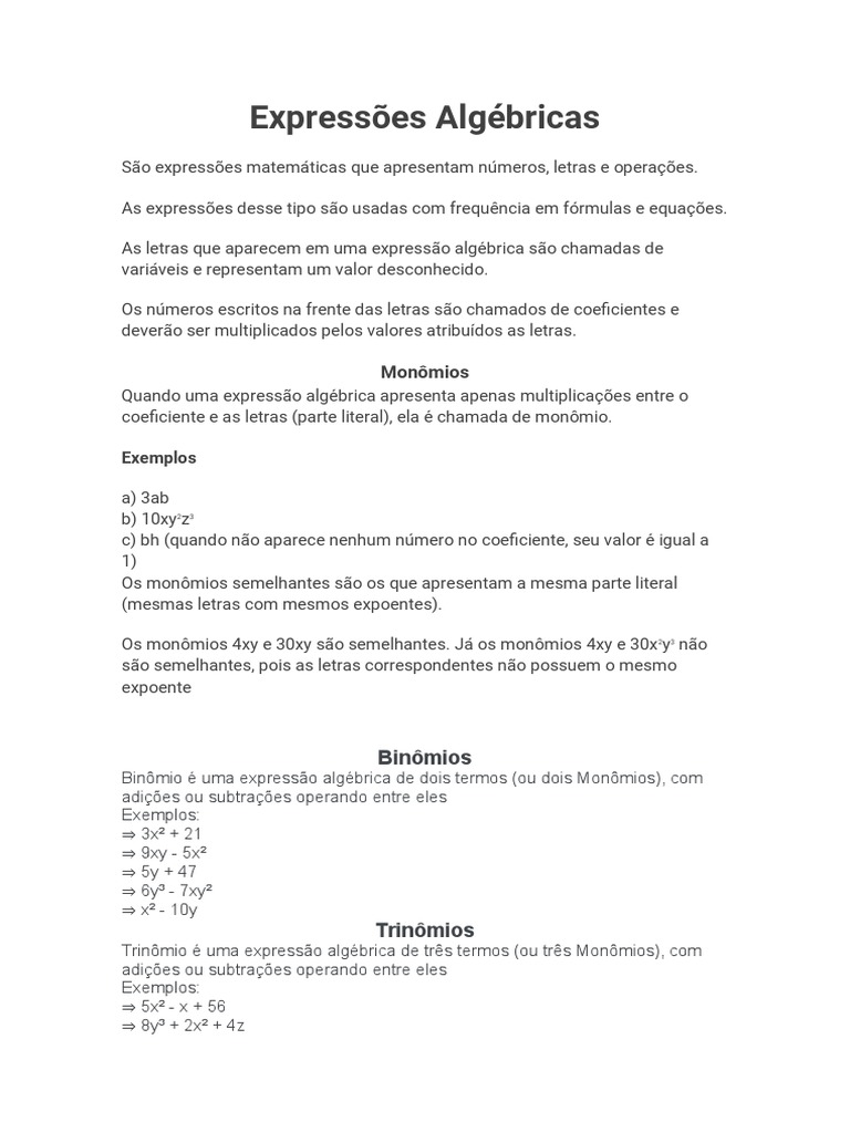 Expressões Algébricas | PDF | Objetos matemáticos | Álgebra abstrata