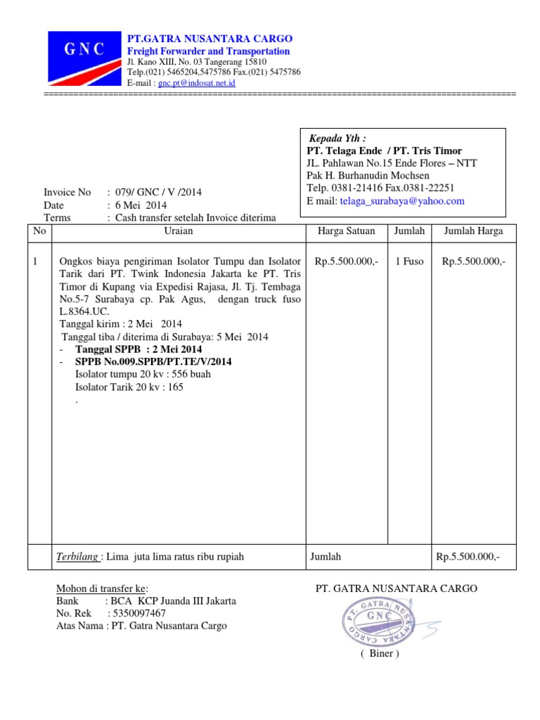 Invoice Pengiriman Barang PT. Telaga Ende - PT Tris Timor Dari PT ...