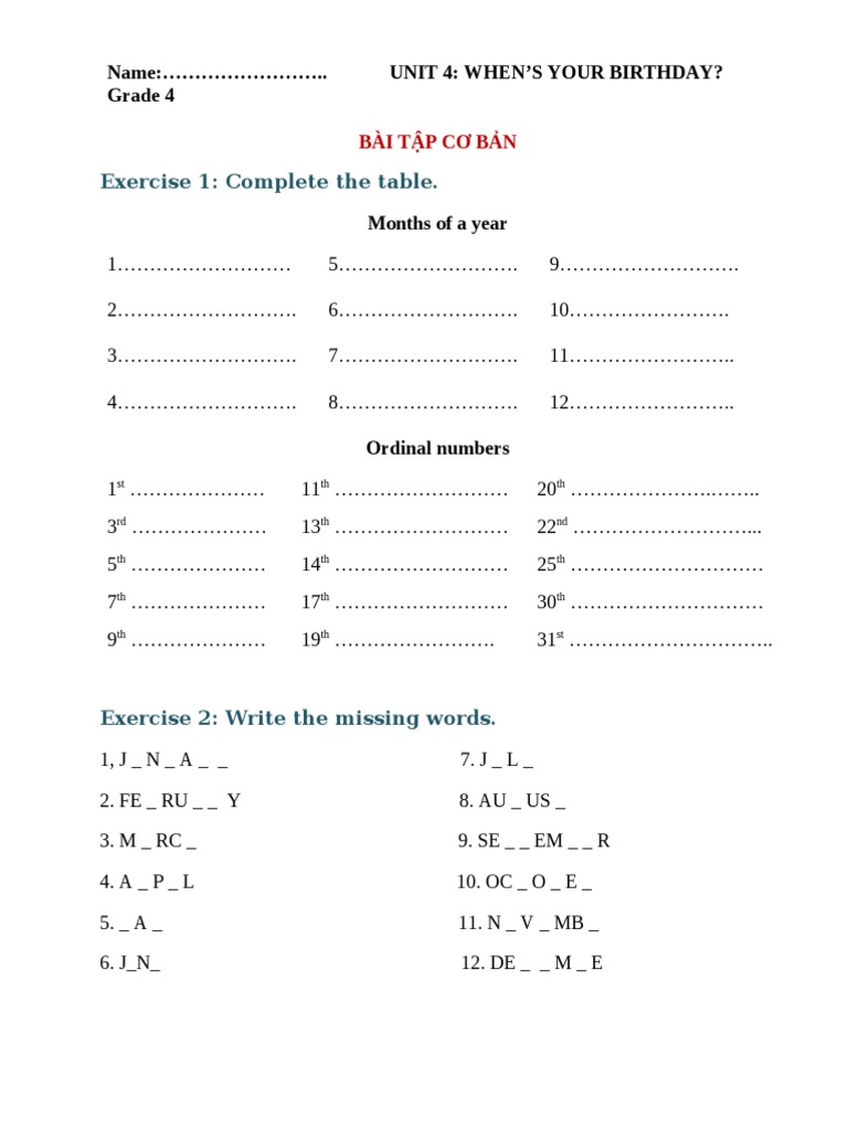Bài Tập Cơ Bản Và Nâng Cao Tiếng Anh 4 UNIT 4 | Download Free PDF | Vietnam