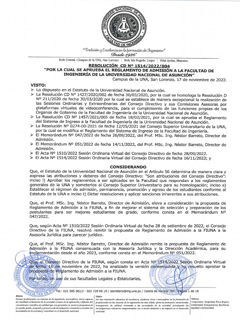 1514 2022 004 Reglamento Admisión FIUNA | PDF