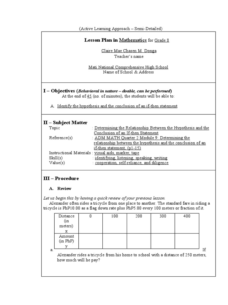 Lesson Plan - If-Then Statement | PDF | Lesson Plan | Truth