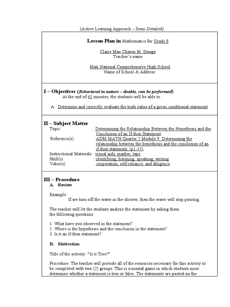 Lesson Plan - Truth Value | PDF | Truth | Hypothesis