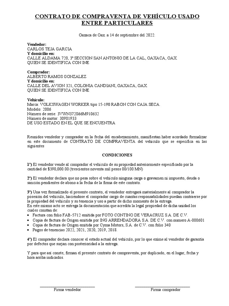 Contrato de Compraventa de Vehículo Usado Entre Particulares | PDF