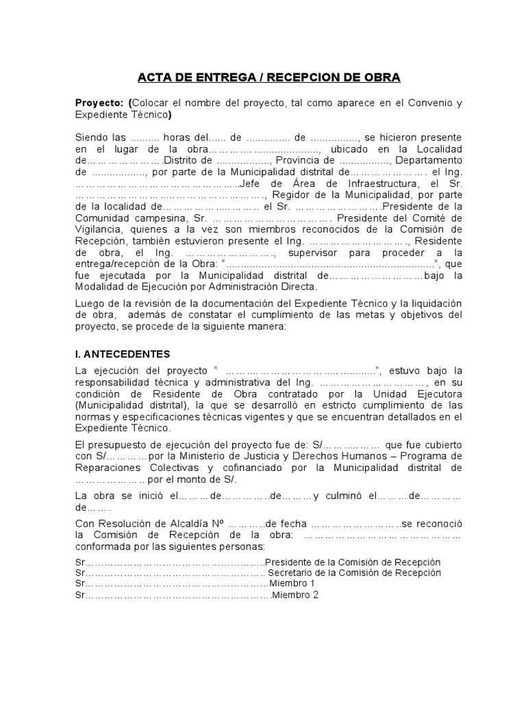 ACTA DE ENTREGA Y RECEPCIÓN DE LA OBRA | PDF | Gobierno local | Gobierno
