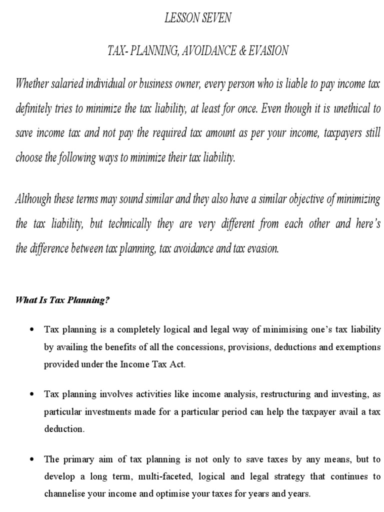 Tax Planning, Evasion, Avoidance | PDF | Taxes | Tax Avoidance