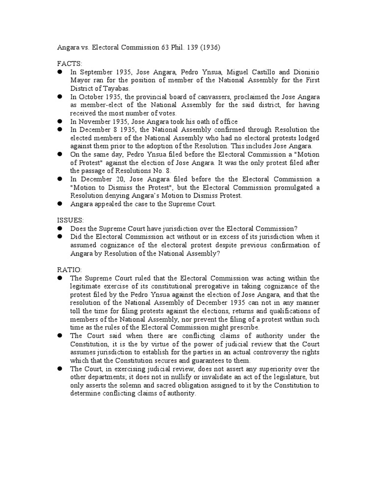 Angara vs. Electoral Commission 63 Phil. 139 (1936) Case Digest | PDF ...