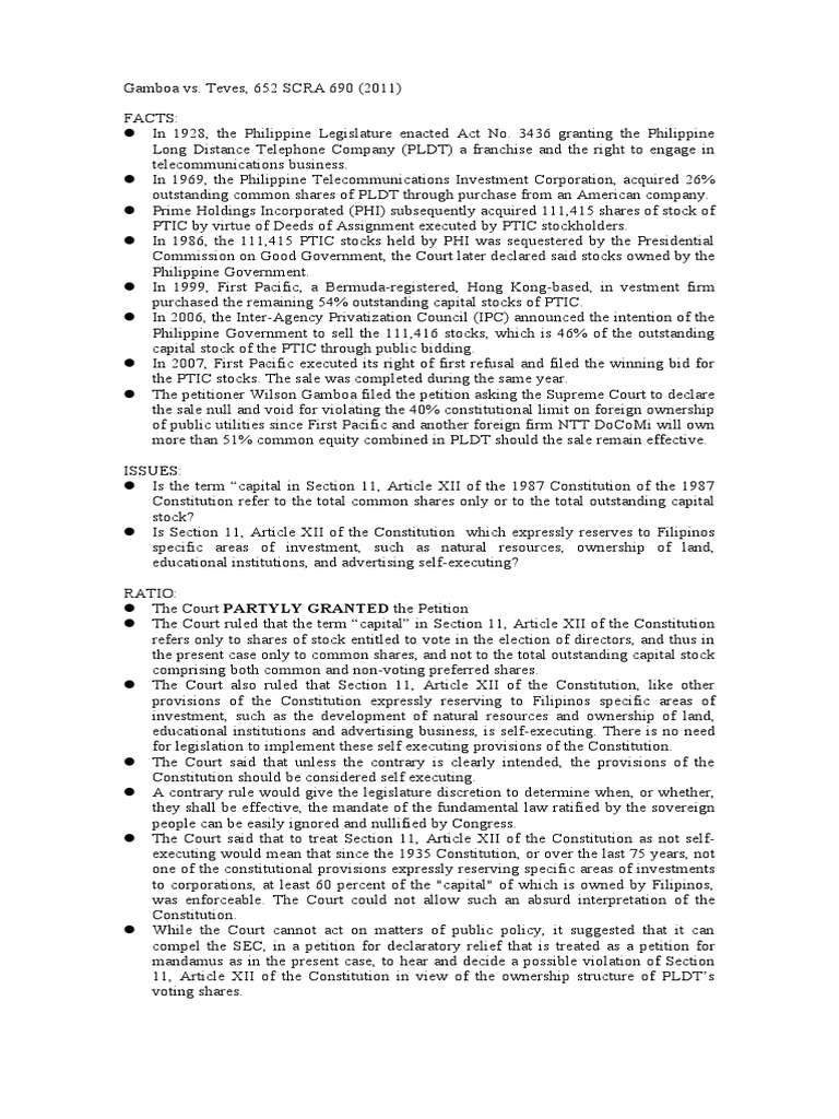 Gamboa vs. Teves, 652 SCRA 690 (2011) Case Digest | PDF | Constitution | Stocks