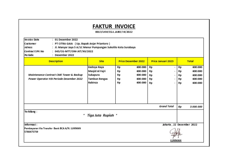 December 2022 Invoice for Maintenance Contract of CME Towers and Backup ...