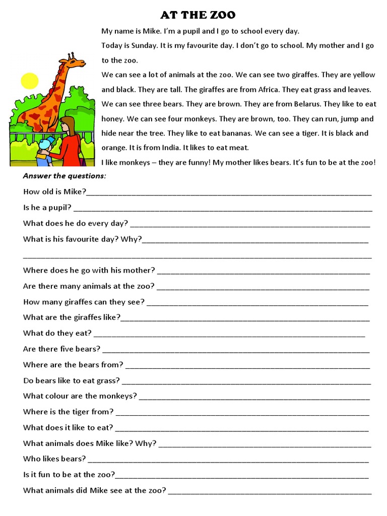 Zoo Reading Comprehension for Kids | PDF