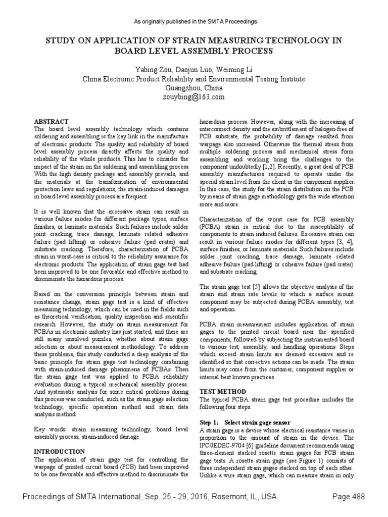 Study Application Strain Measuring Technology Board Level Assembly ...