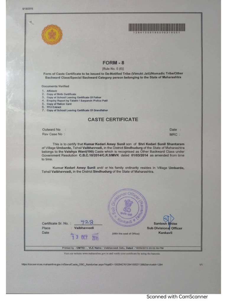 Caste Certificate | PDF