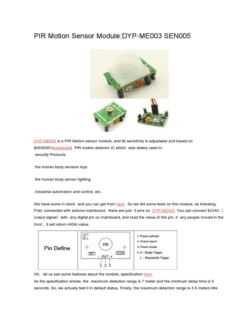 Datasheet Sensor PIR DYP ME003 SEN005 | PDF