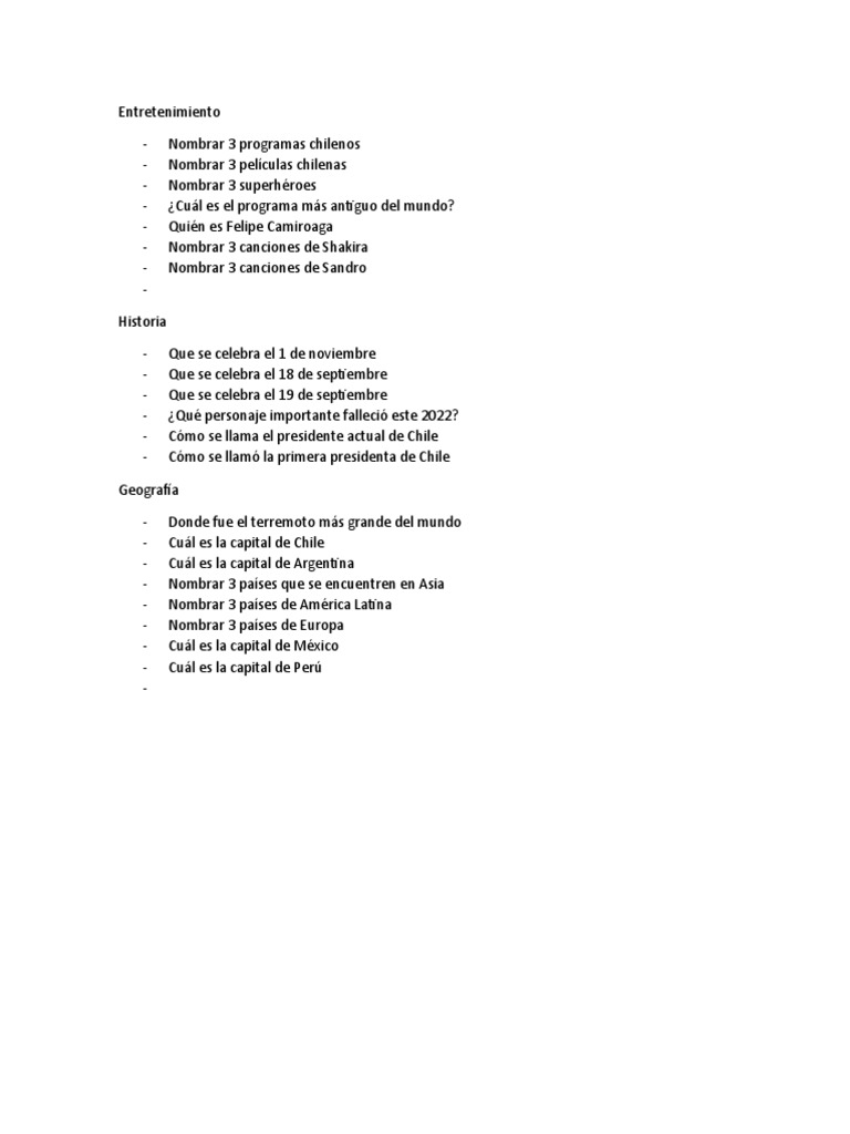Preguntas y respuestas de trivia chilena | PDF