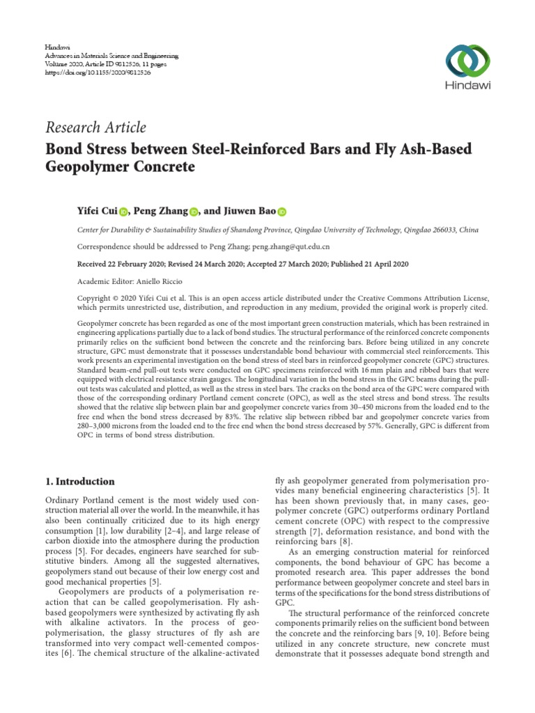 Bond Stress Between Steel-Reinforced Bars and Fly Ash-Based | PDF ...