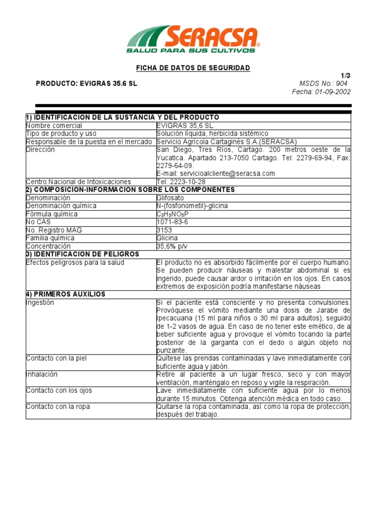 Evigras 35.6 SL Msds | PDF | Agua | Agricultura