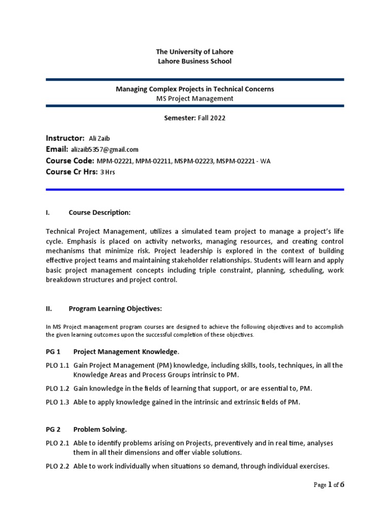 Course Outline - Managing Complex Projects in Technical Concerns | Download Free PDF | Project ...