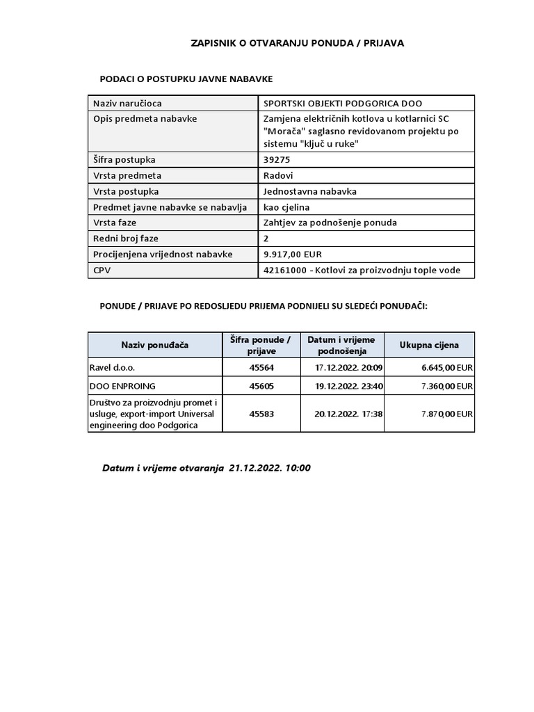 Zapisnik o Otvaranju Ponuda Prijava | PDF